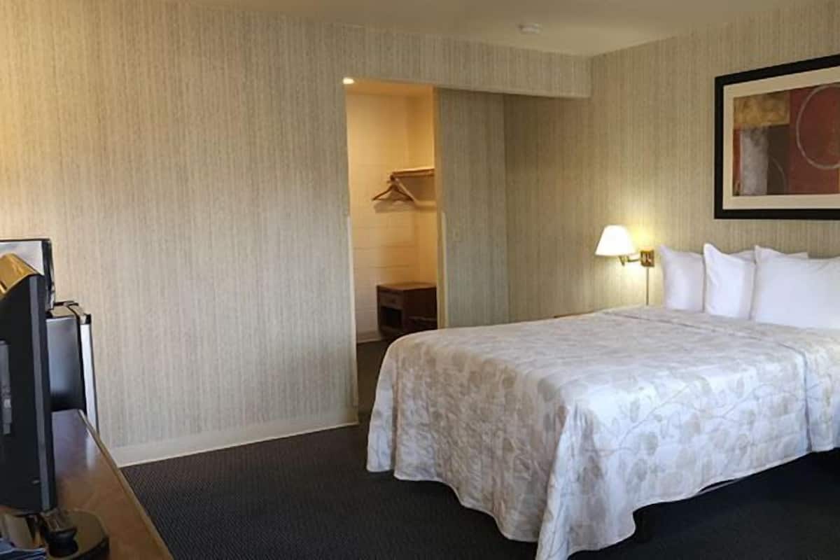 Quarto de hotel com cama, mesas de cabeceira, escrivaninha e uma cadeira.
