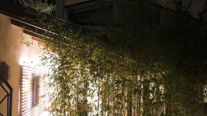 Vista noturna de uma casa com jardim de bambu e entrada iluminada.