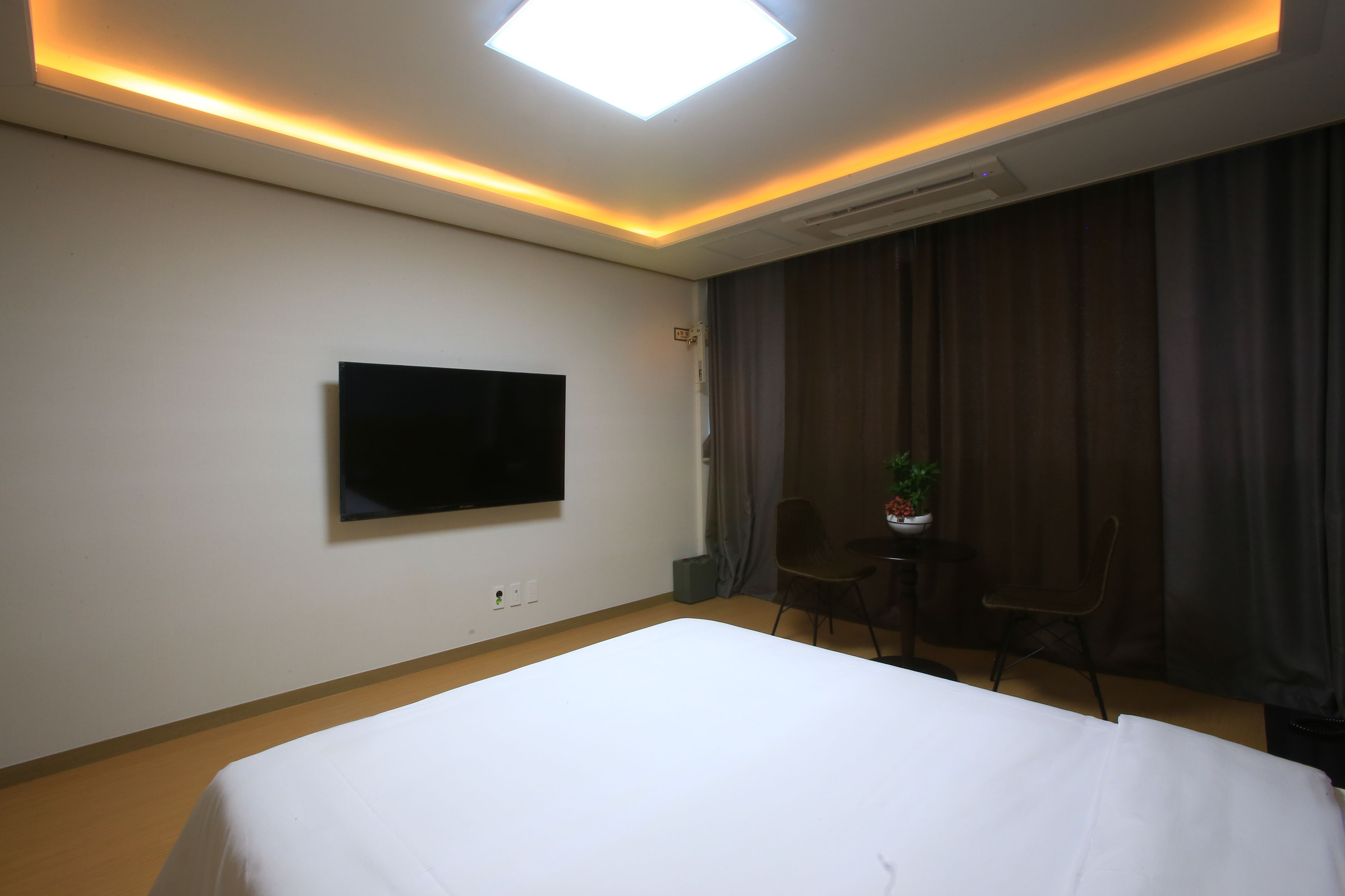 Quarto de hotel com uma cama, televisão de tela plana na parede, uma mesinha com uma planta e uma cadeira.