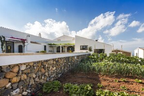 Uma casa branca com muro de pedra e um jardim com diversas plantas.