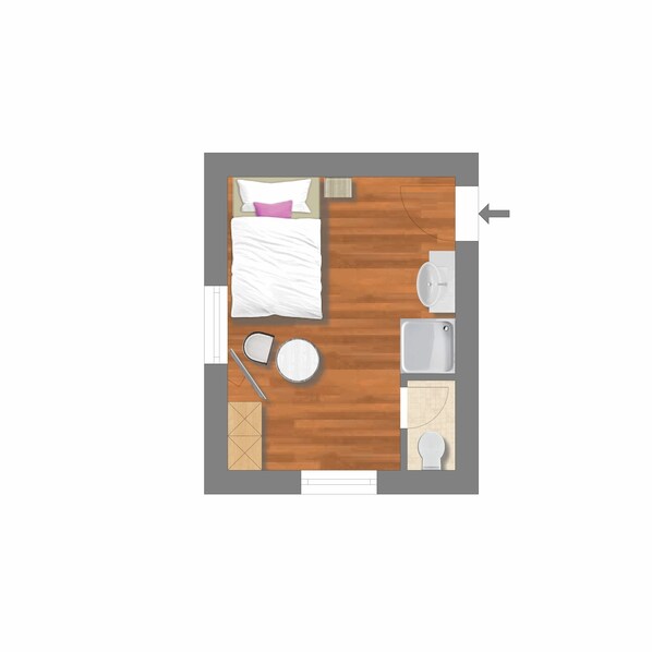 Um quarto com cama, mesas de cabeceira, cômoda e janela.