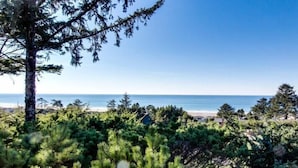 Paisagem costeira com vegetação densa e vista para a praia e o oceano.