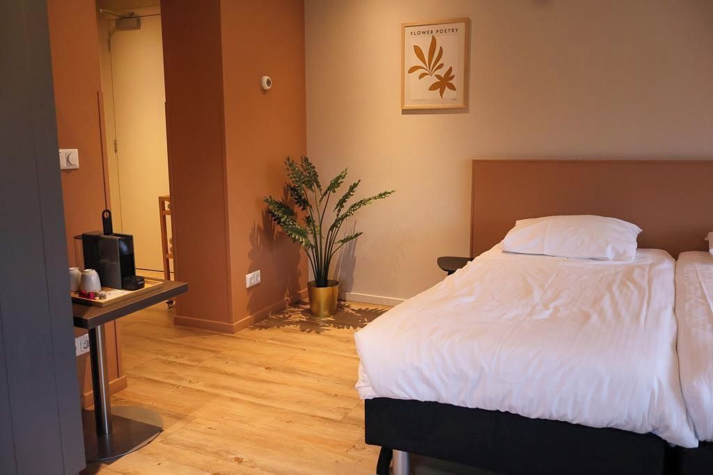 Quarto de hotel com cama, escrivaninha, planta em vaso e quadro pendurado na parede.