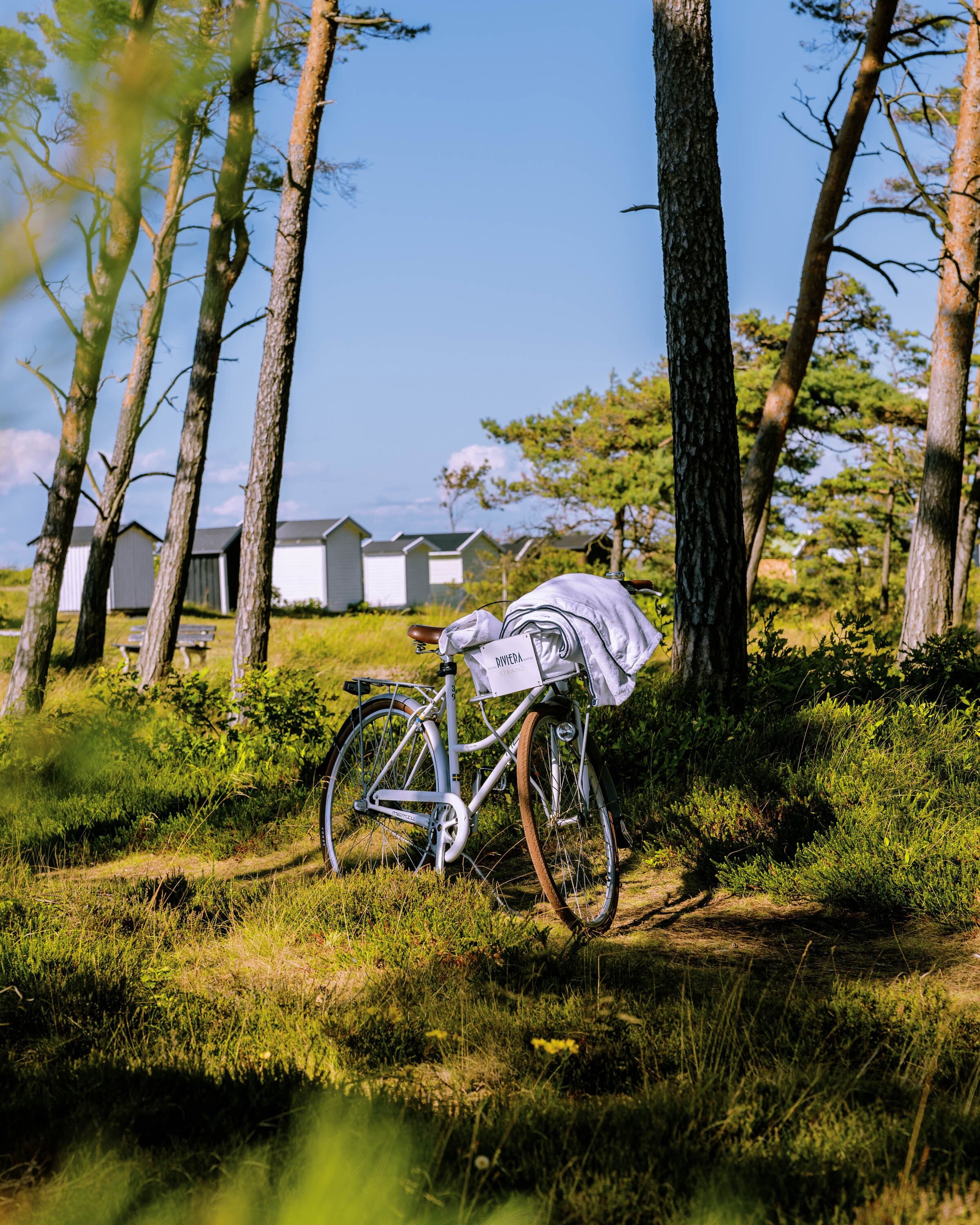 Uma bicicleta estacionada numa trilha gramada com uma sacola branca rotulada 