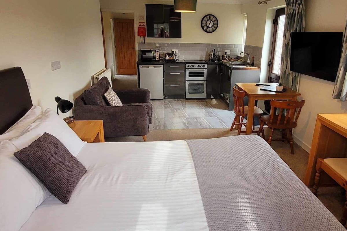 Quarto de hotel compacto com uma cama, uma escrivaninha, uma cadeira, um espaço de cozinha e uma televisão.