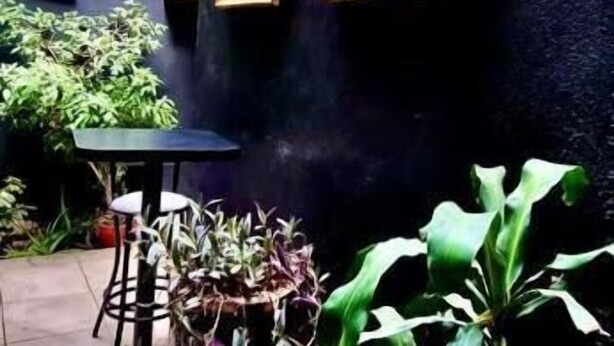 Pátio com parede preta, quadros emoldurados, lanternas vermelhas penduradas e vasos com plantas.
