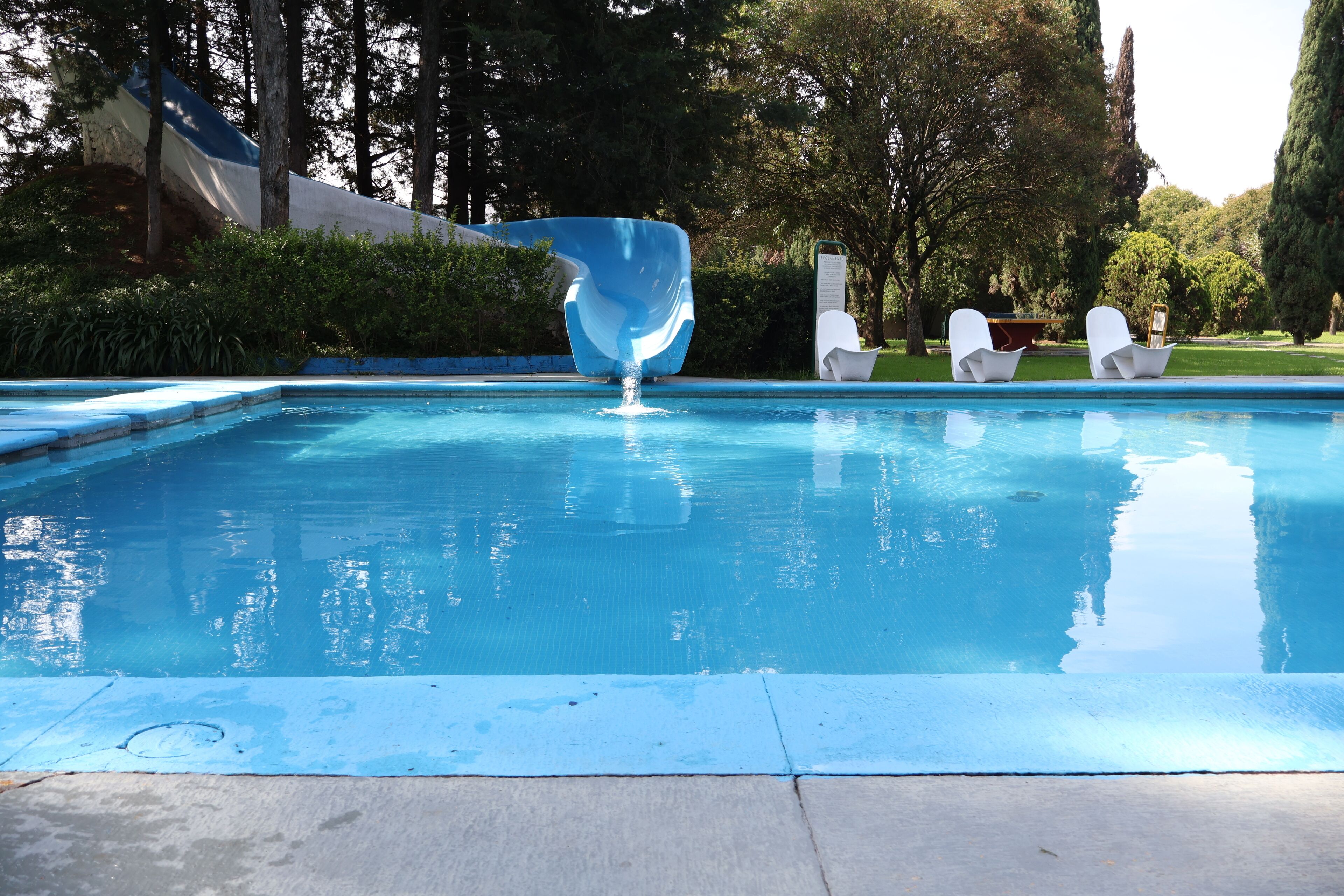 Piscina com uma escultura moderna, duas espreguiçadeiras brancas e um jardim bem cuidado com árvores e arbustos.