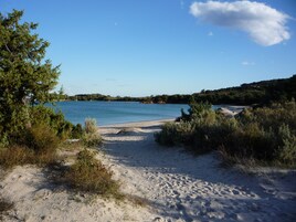 Uma praia com águas azul cristalinas, areal dourado e vegetação exuberante ao redor.