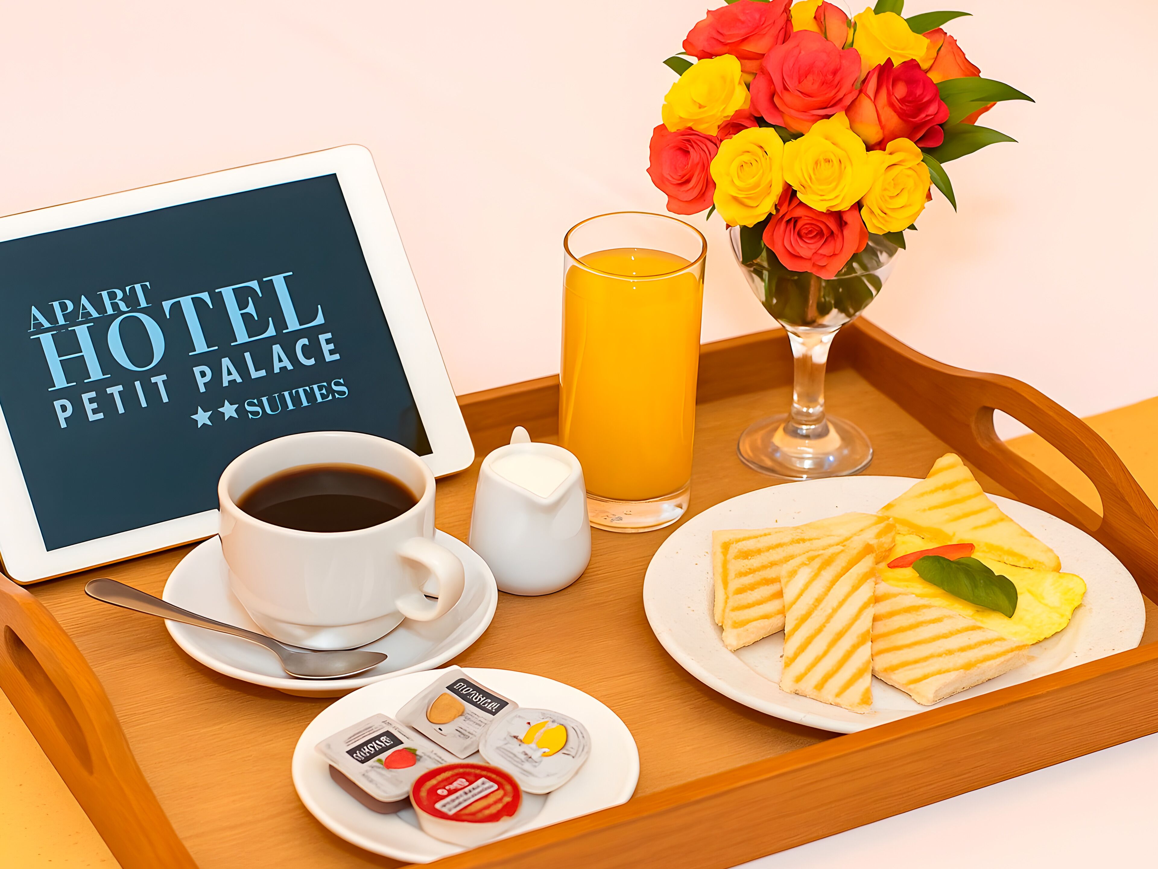 Uma bandeja de café da manhã com um tablet exibindo 'APART HOTEL PETIT PALACE SUITES', uma xícara de café, um copo de suco de laranja, um vaso de flores e um prato de doces.