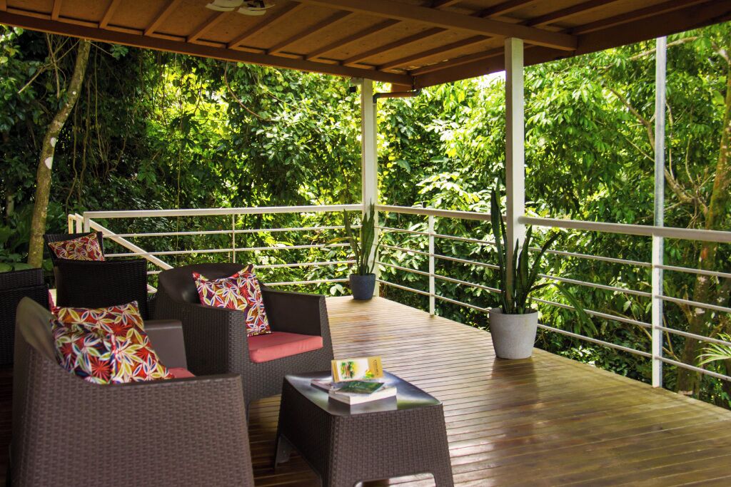 Um deck externo com móveis de vime e um vaso de planta.