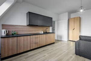 Apartamento, 1 quarto | Cozinha privada | Um frigorífico, uma placa de cozinha, uma cafeteira/bule 