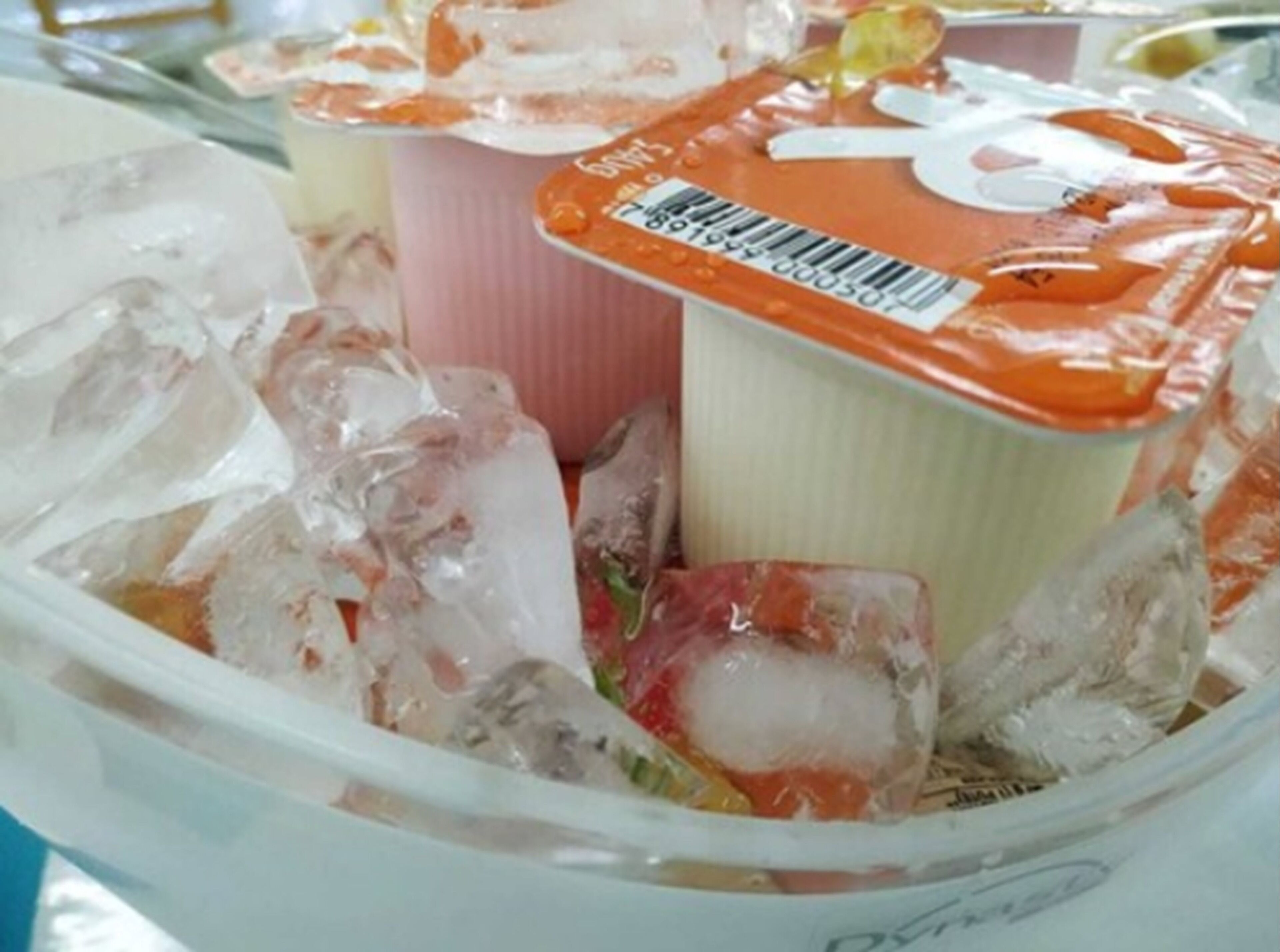 Um recipiente com cubos de gelo e itens congelados, possivelmente alimentos ou bebidas, em um recipiente de plástico.