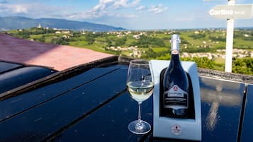 Uma garrafa de vinho e um copo sobre uma mesa, com vista panorâmica de uma cidade e montanhas ao fundo.
