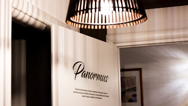 Pared com uma obra de arte emoldurada e uma placa com a palavra "Panormus" e texto abaixo.