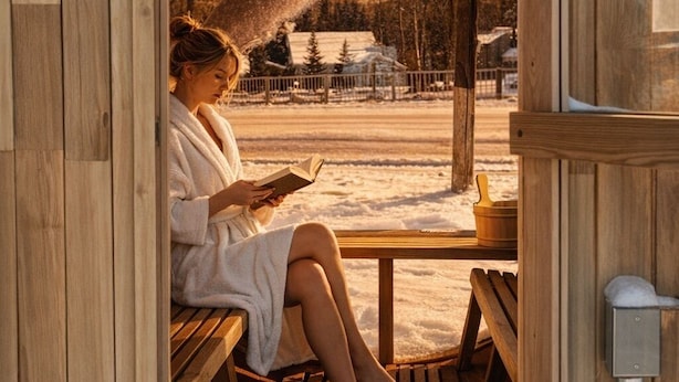 Uma sauna de madeira com um banco e uma mesa, uma pessoa lendo um livro, e vista para uma paisagem nevada.