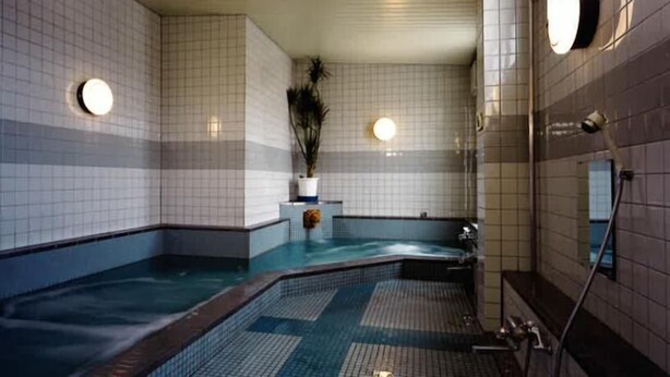 Área de spa com hidromassagem, paredes revestidas de azulejos e um vaso com planta.