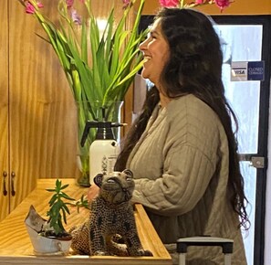Uma pessoa ao lado de um balcão de madeira com um vaso de flores, uma pequena planta e uma estatueta de urso.