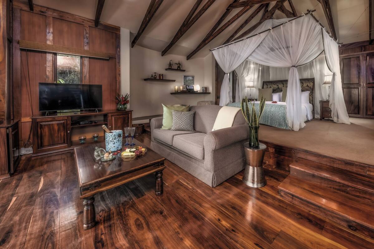 Uma sala de estar aconchegante com televisão, sofá, mesinha de centro com petiscos e uma cama com dossel.