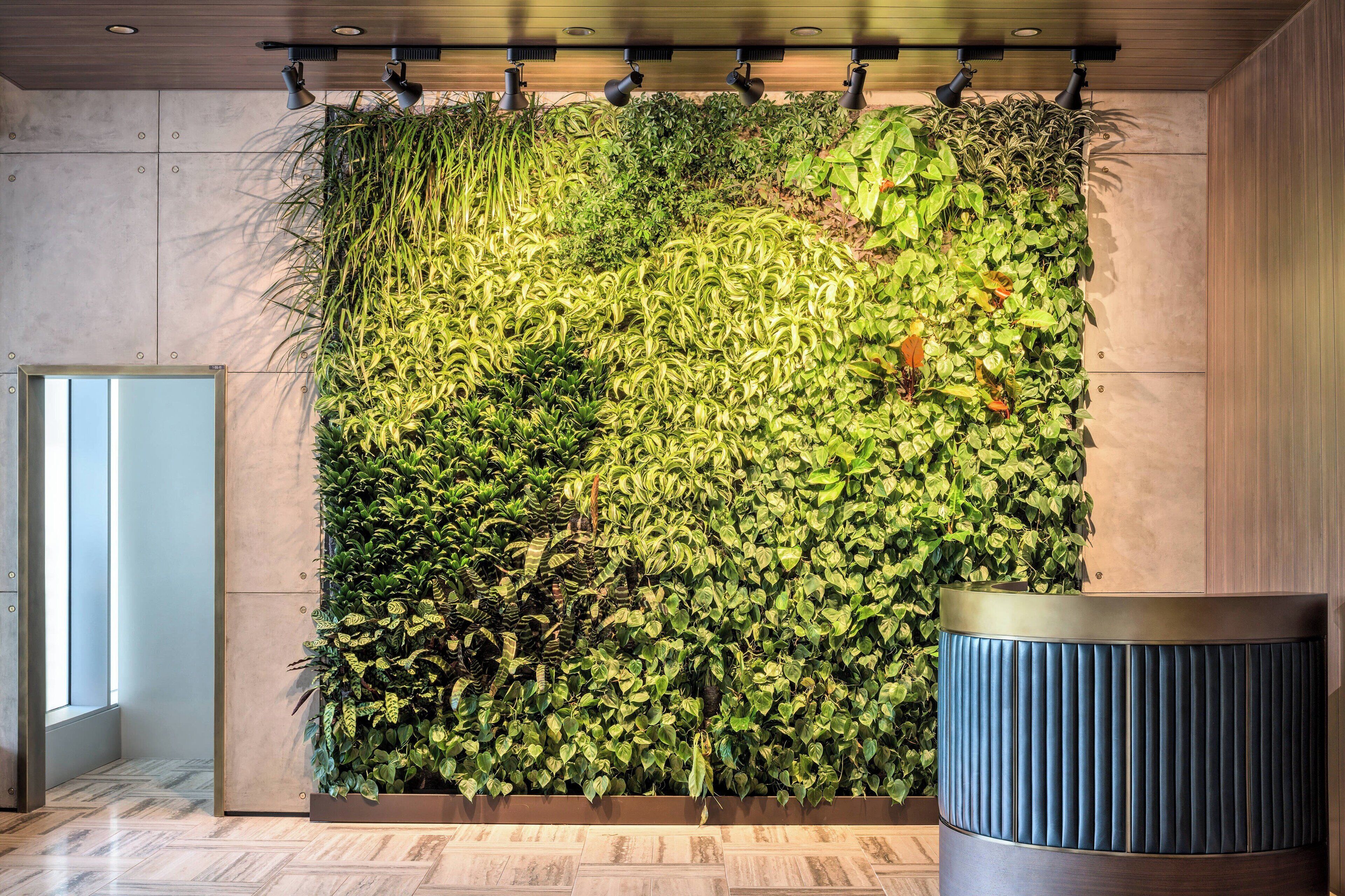 Paredes verticais com diversos vegetais, um contentor cilíndrico de lixo e uma porta com painel de vidro.