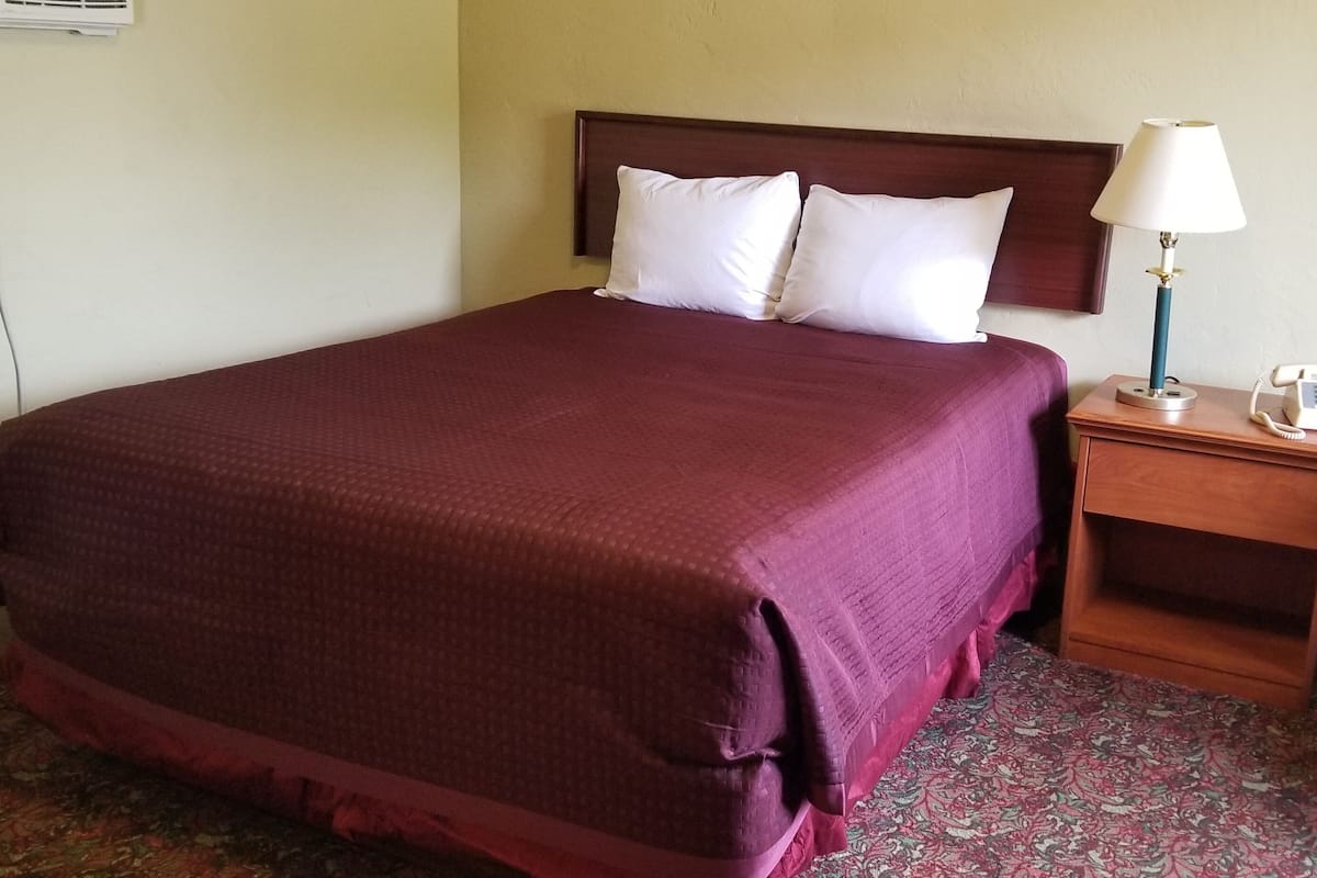 Quarto de hotel com uma cama grande, mesa de cabeceira com abajur e telefone, e um tapete estampado.