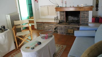 Casa Familiar, vista para o pátio | Sala de estar | Televisor, lareira, leitor de DVD