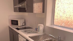 Cozinha compacta com micro-ondas, chaleira e pia dupla.