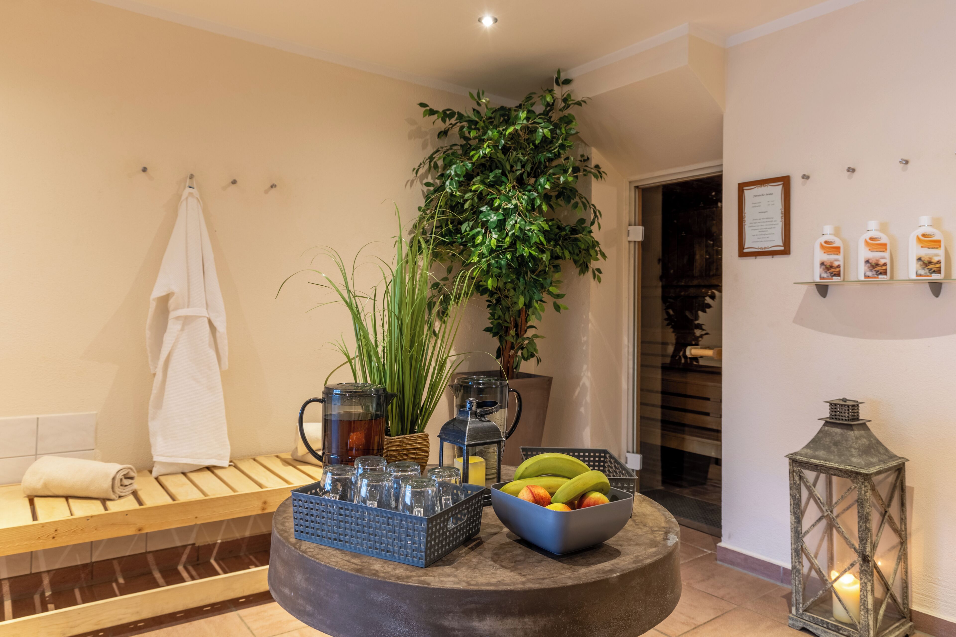 Quarto com um banco, uma planta, uma cafeteira, uma cesta de frutas e um candeeiro.