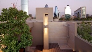 Terraço no telhado com planta em vaso, chuveiro embutido e vista para a cidade.