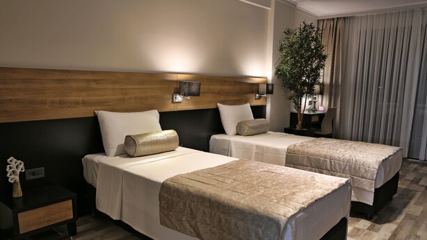 Quarto de hotel com duas camas, uma mesinha de cabeceira, uma luminária e uma planta.