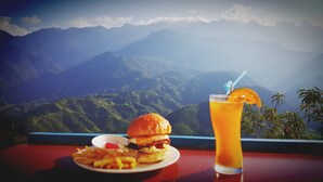 Refeição com hambúrguer, batatas fritas e um copo de bebida de laranja, com vista para montanhas.