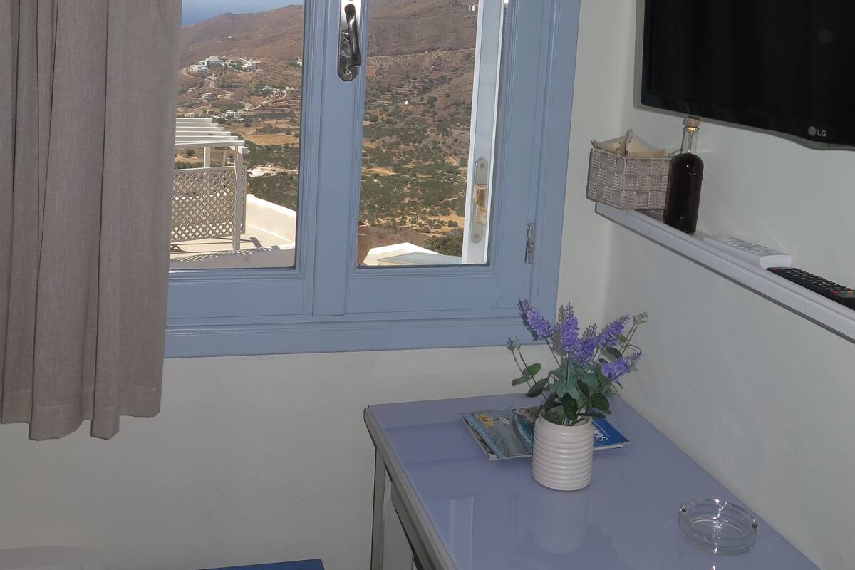 Quarto com janela para uma paisagem montanhosa, televisão de tela plana na parede e uma mesinha com um vaso de flores.