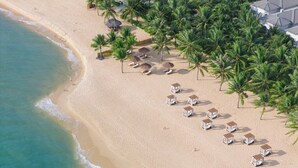 Vista aérea de uma praia com fileiras de espreguiçadeiras e palmeiras.