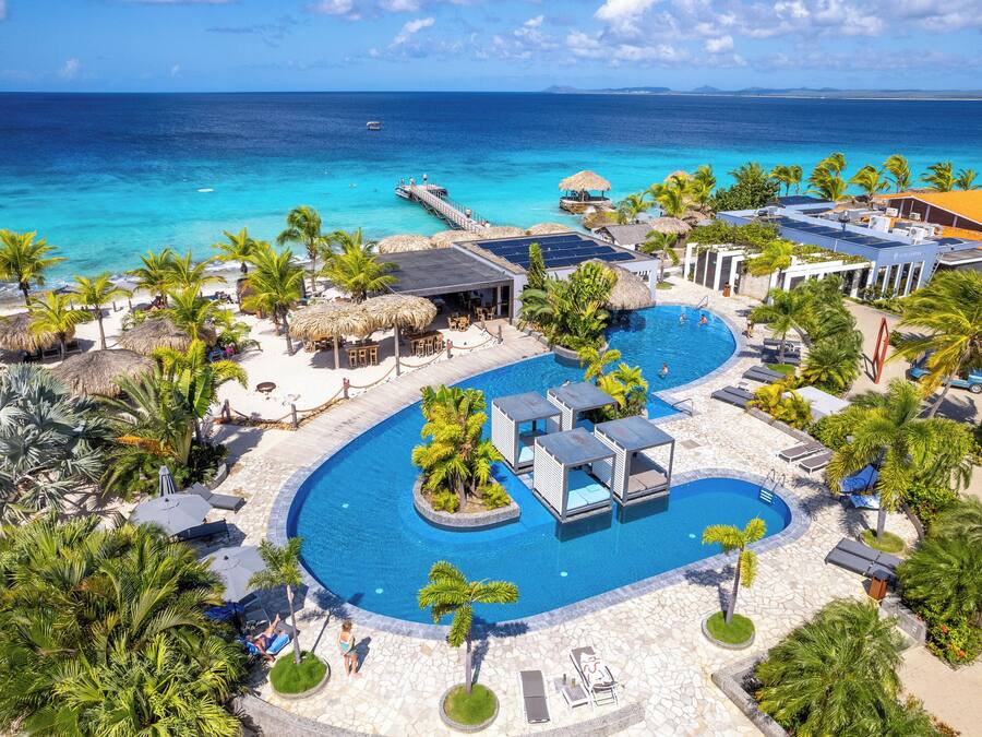 Um resort com uma piscina grande, palmeiras e vista para o oceano.