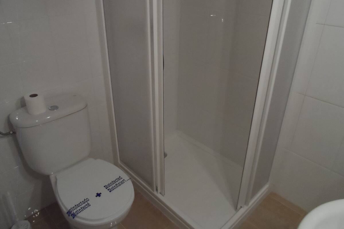 Casa de banho com sanita, cabine de duche e suporte para papel higiénico.