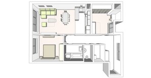 Apartamento família, 2 quartos, cozinha americana (+ Living Room) | Planta do andar