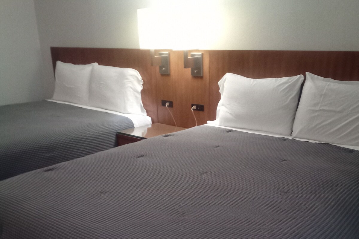 Quarto de hotel com duas camas, cada uma com colcha cinza texturizada e almofadas brancas. Há dois interruptores de luz fixados na parede e uma tomada.