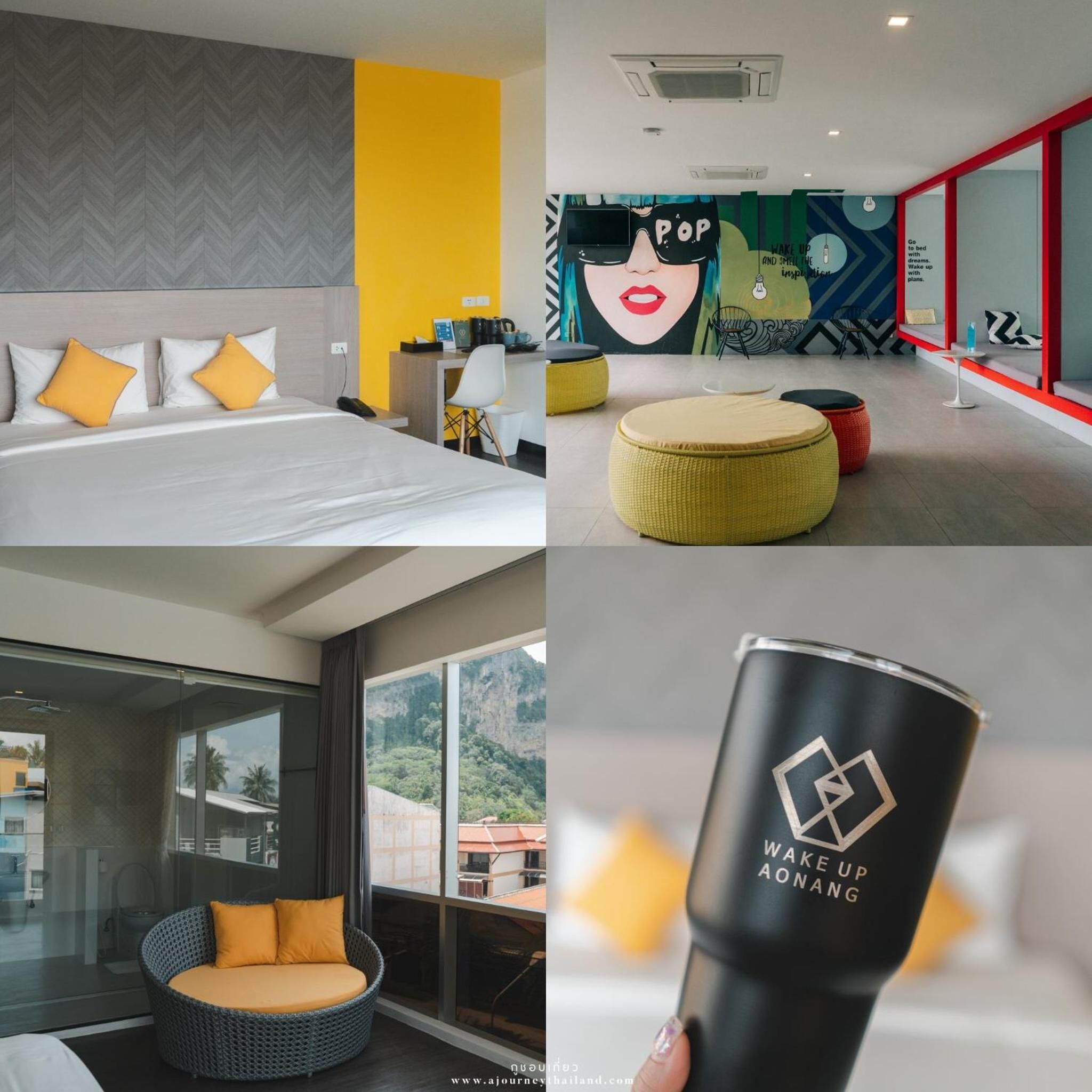 Quarto de hotel moderno com uma cama, uma escrivaninha e uma janela grande.