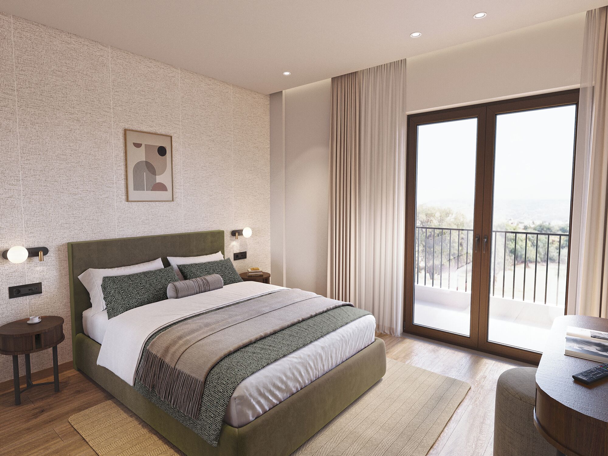 Quarto de hotel moderno com uma cama grande, vista para o exterior e varanda.