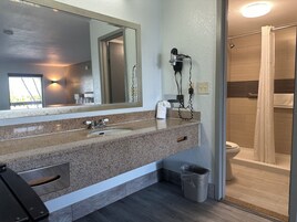 Um secador de cabelo, toalhas fornecidas, champô, papel higiénico 