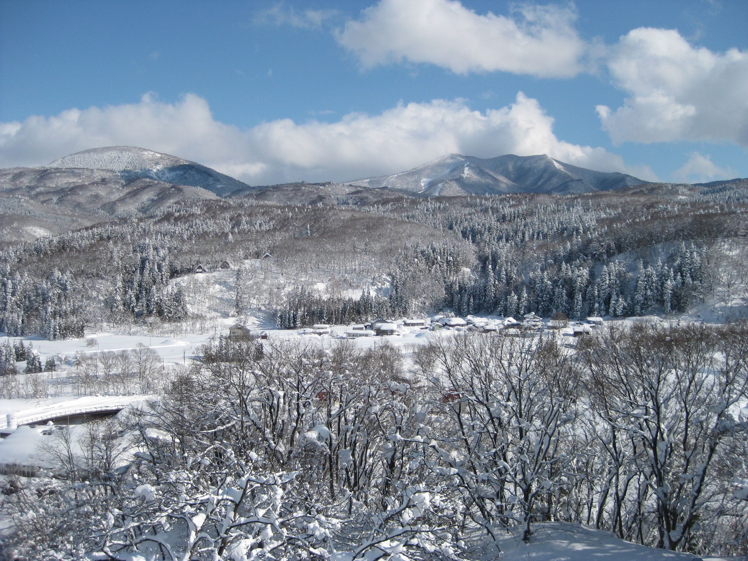 Paisagem nevada com uma aldeia e montanhas ao fundo.
