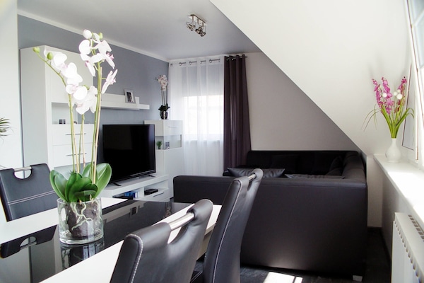 Apartamento premium, 1 quarto, para não fumantes, vista para o jardim | Área de estar | TV de tela plana 55 polegadas com canais via satélite, TV, DVD player