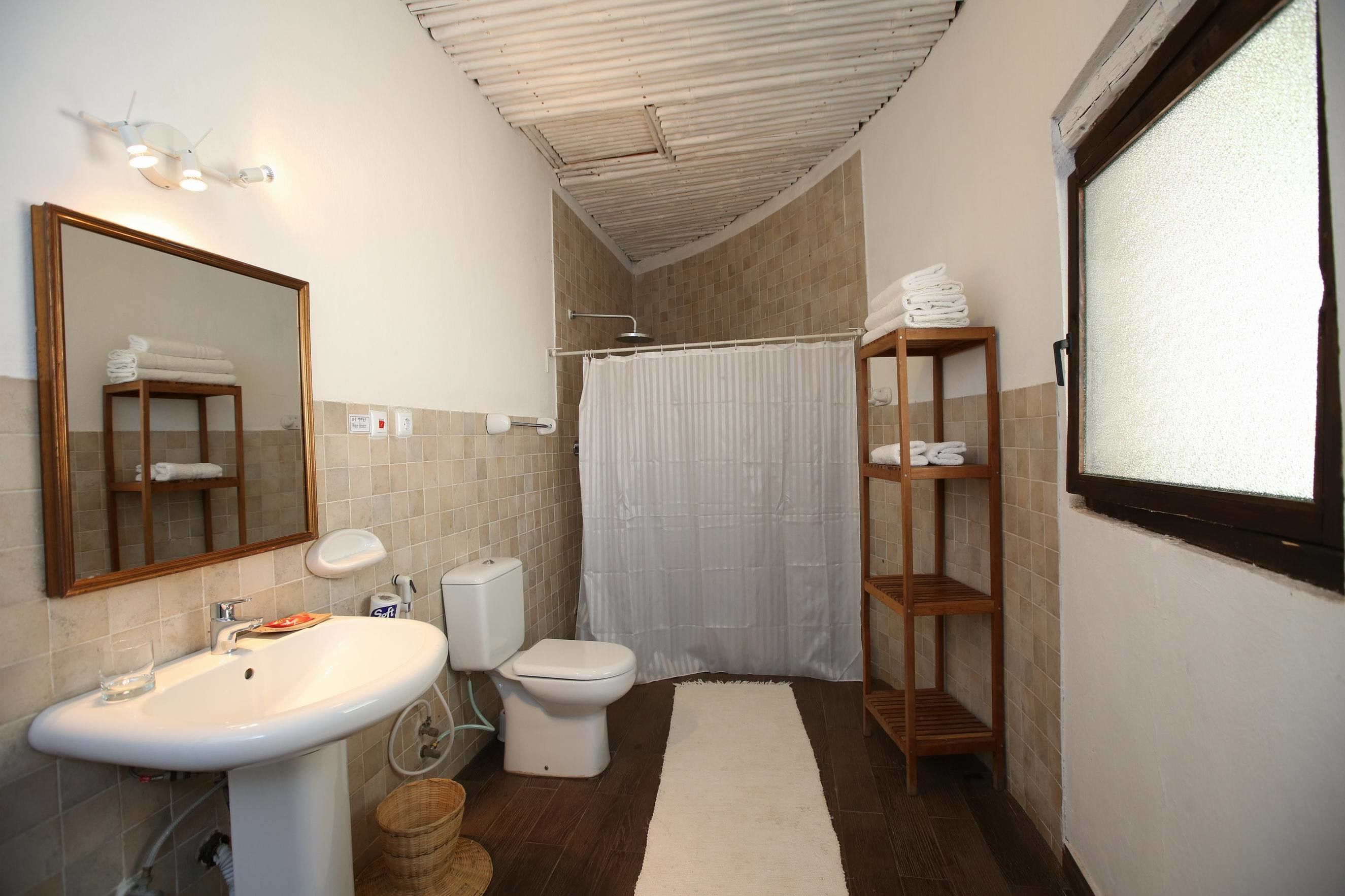 Casa de banho com lavatório, sanita, chuveiro e espelho.