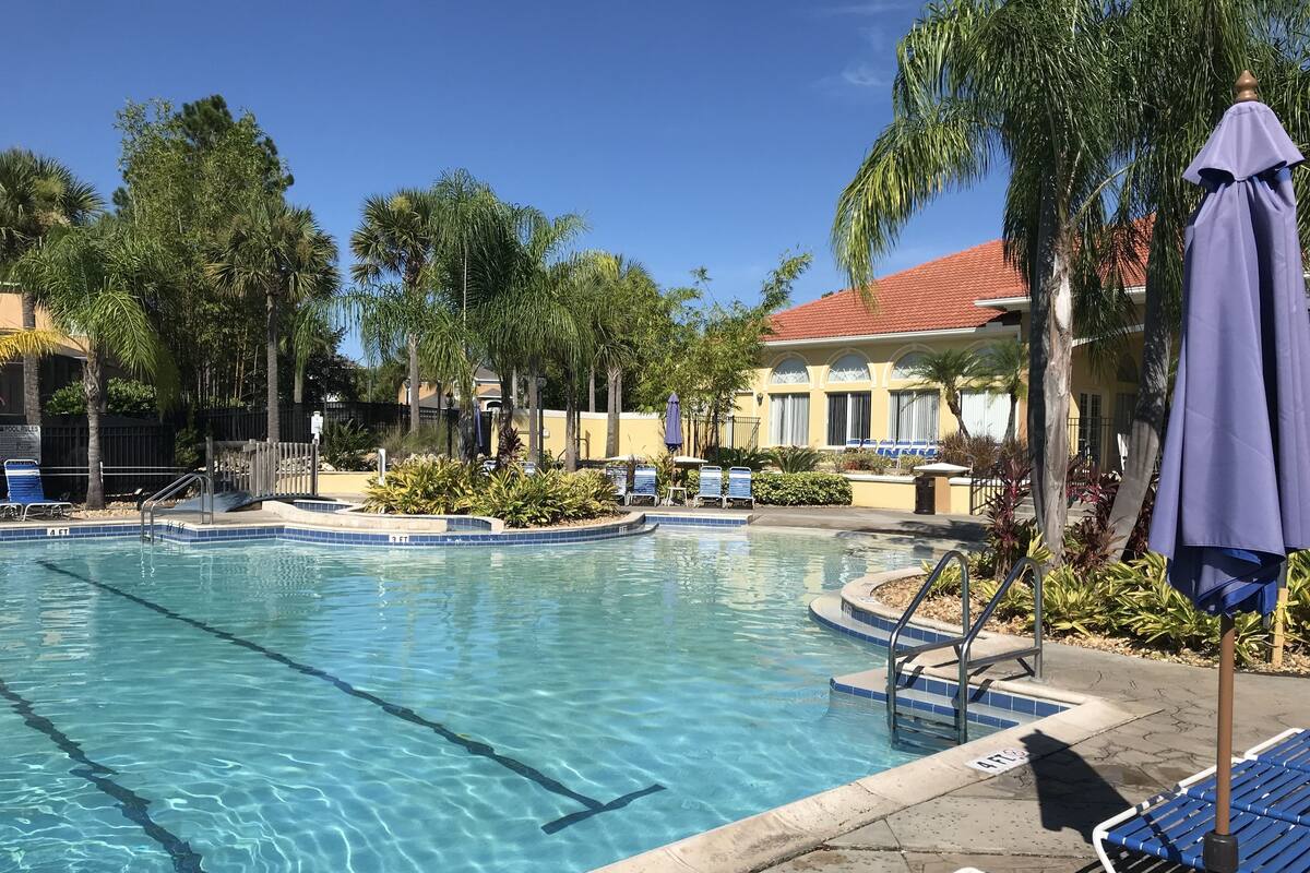 Piscina límpida com azulejos azuis, rodeada por espreguiçadeiras e palmeiras.