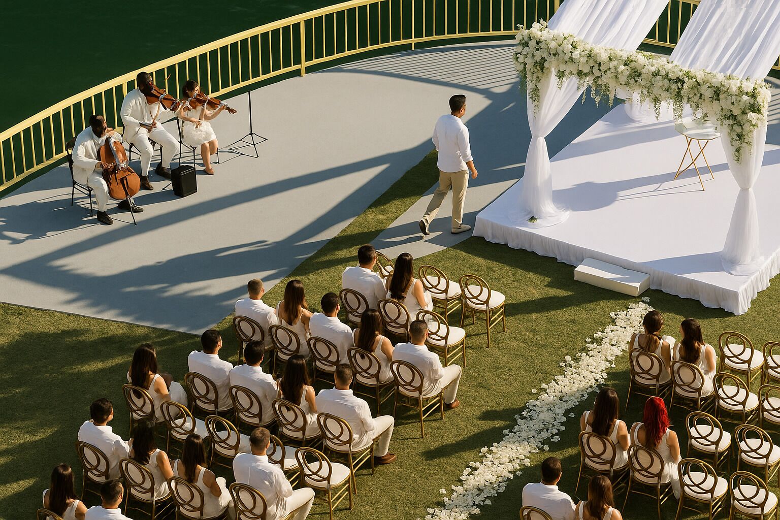 Uma cerimônia de casamento ao ar livre, com convidados sentados em cadeiras dispostas em fileiras, voltados para um palco.