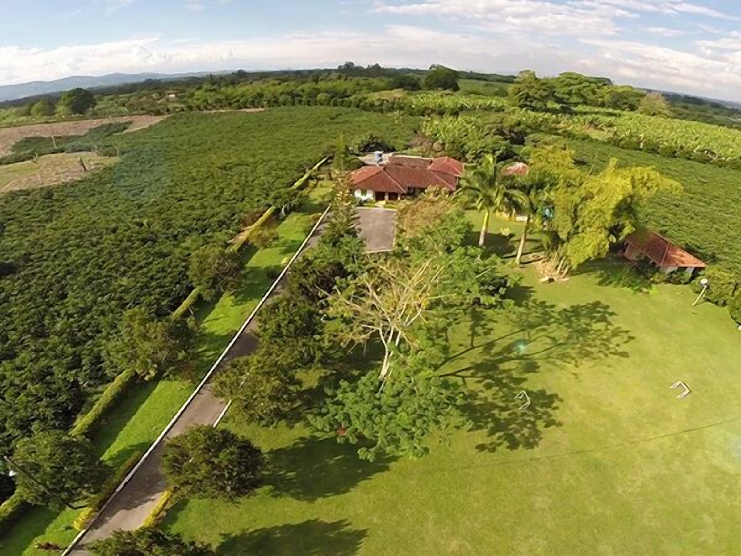 Vista aérea de uma propriedade rural com uma casa grande, rodeada por vegetação exuberante e campos.