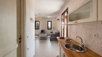 Apartamento Deluxe, 1 quarto, terraço, vista para o mar | Cozinha privada | Um frigorífico, uma chaleira elétrica