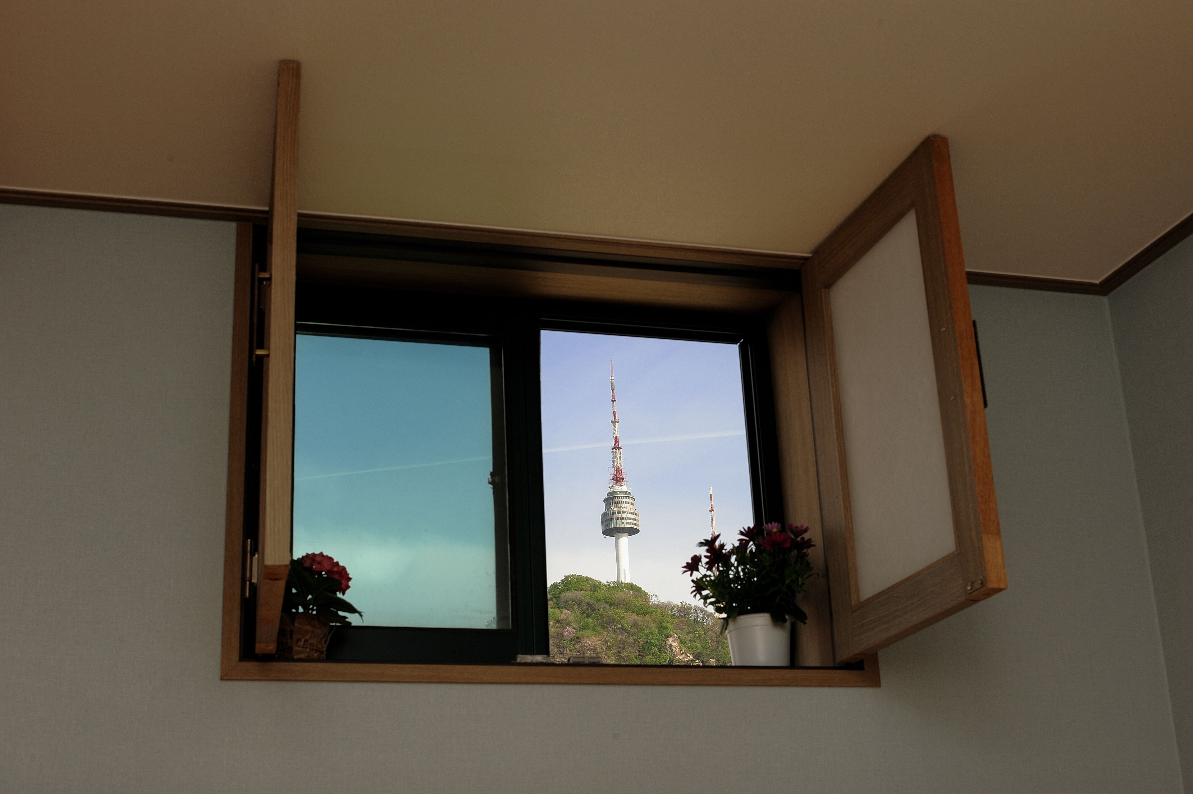 Janela com vista para uma torre, planta em vaso e moldura de madeira.