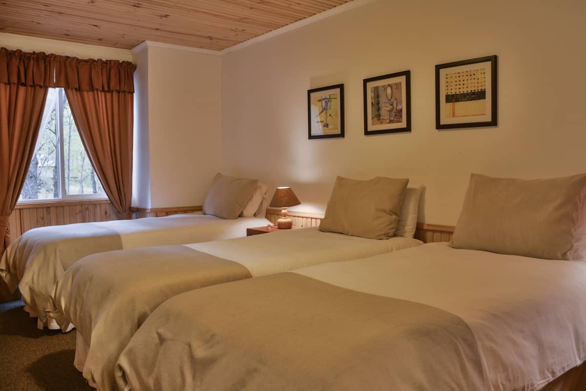 Quarto de hotel com duas camas, uma janela com cortinas e três quadros na parede.