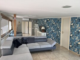 Uma sala de estar moderna com um sofá seccional cinza, uma pequena área de cozinha e um banheiro com papel de parede floral.