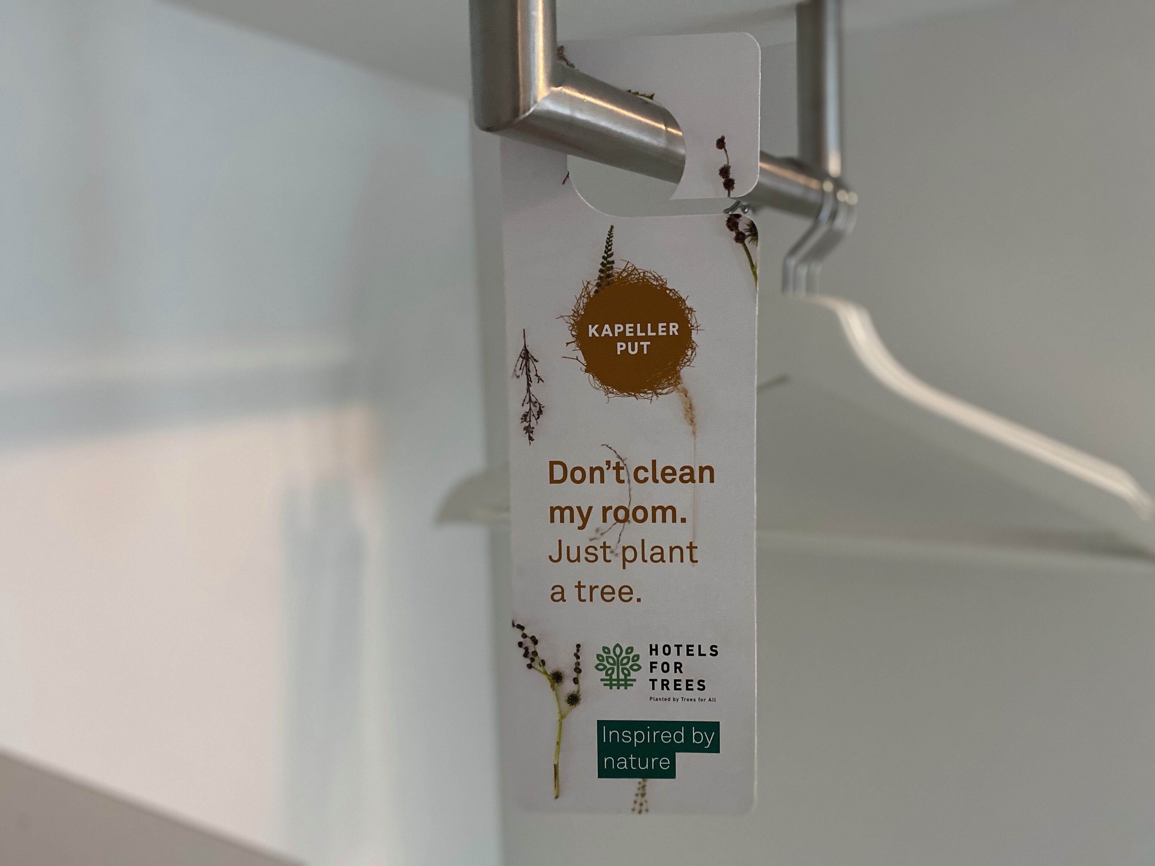 Um aviso numa maçaneta de porta diz: 'Não limpe meu quarto. Plante uma árvore.'